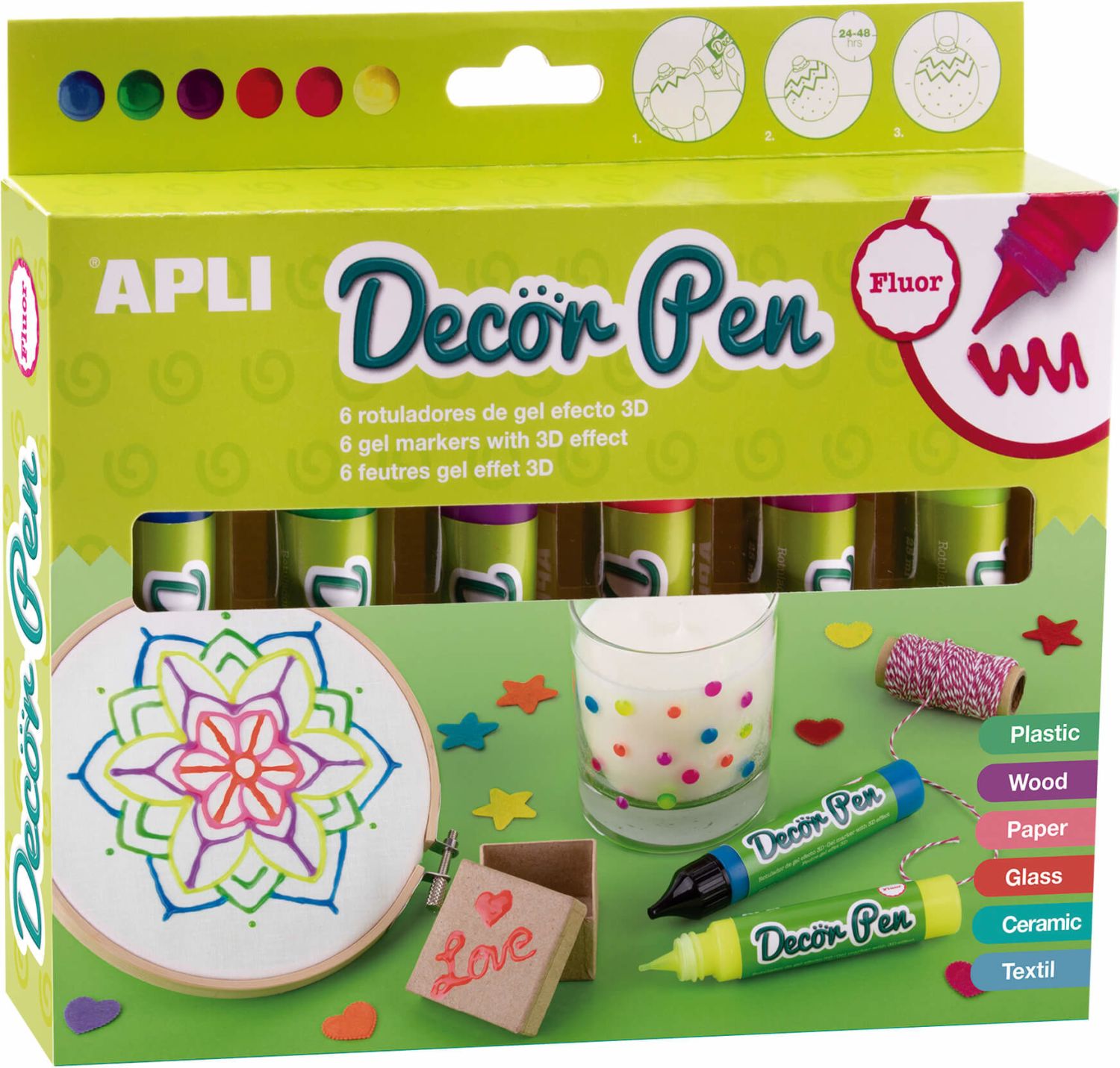 Декорираща 3D боя 6 цвята флуоресцент Apli Decor Pen - store.bg